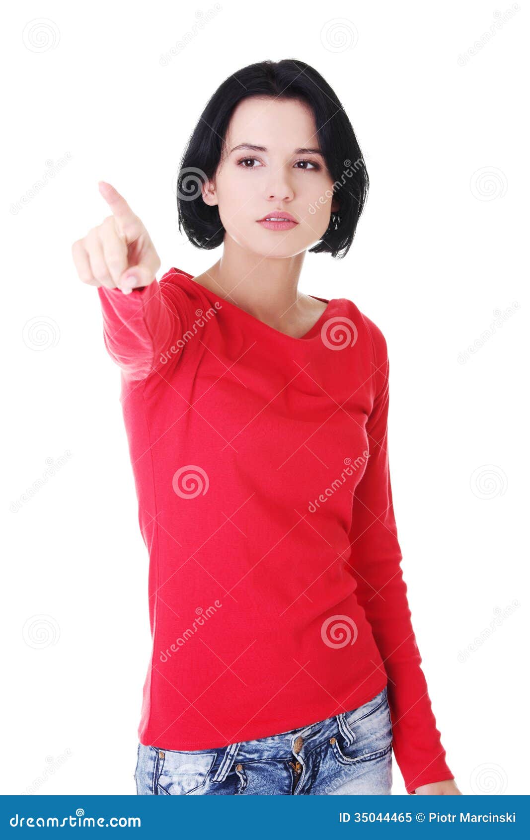 Attractive Woman in Red Tshirt Pointing Up. Stock Image - Image of ...