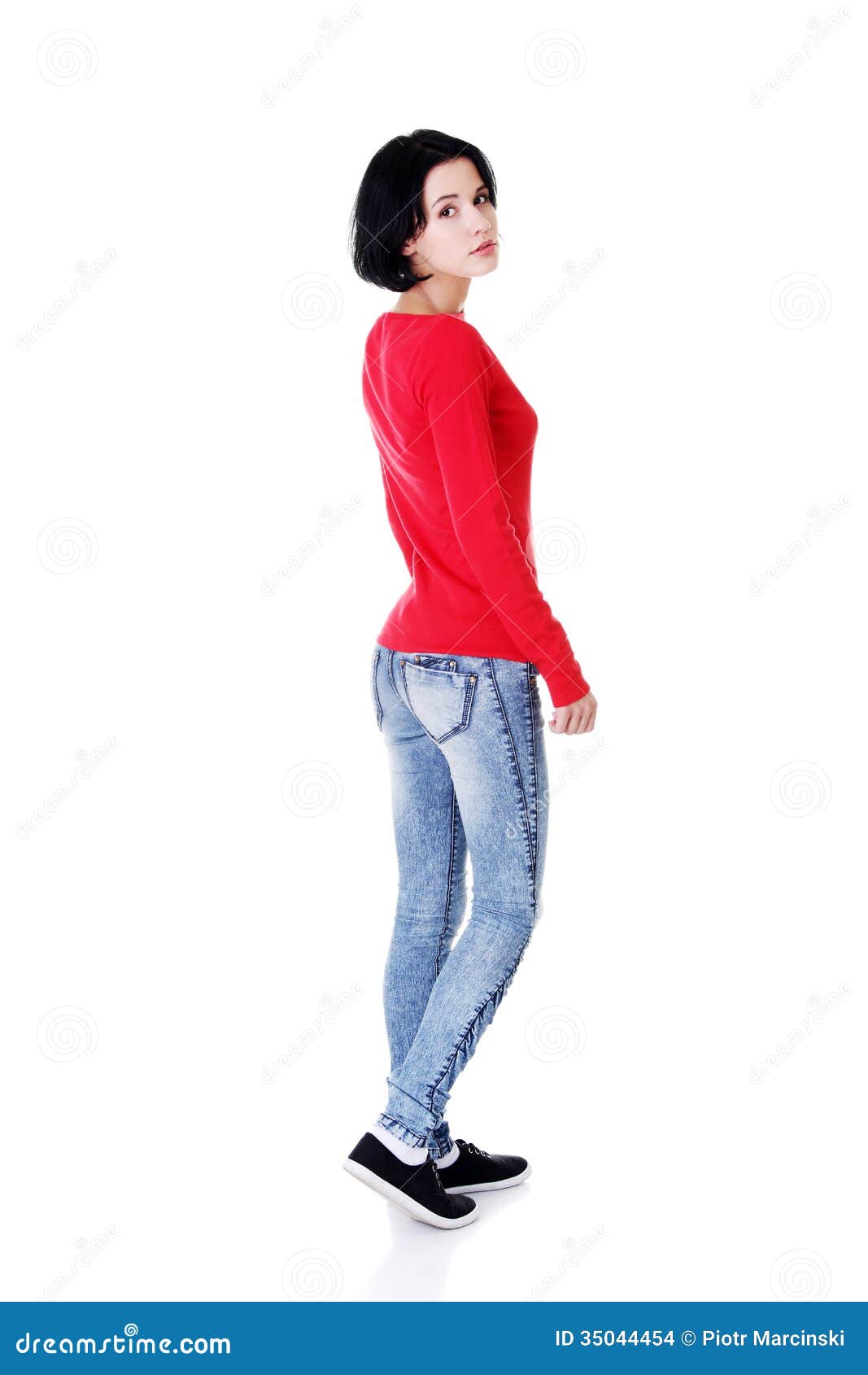 Attractive Woman in Red Tshirt. Side View Stock Photo - Image of ...