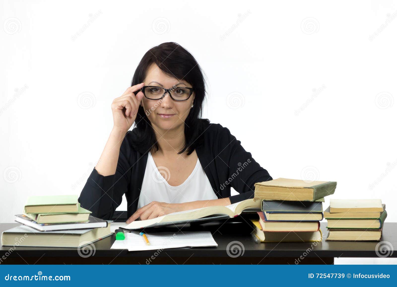 Attractive Woman Sitting at Table Studying Stock Image - Image of woman ...