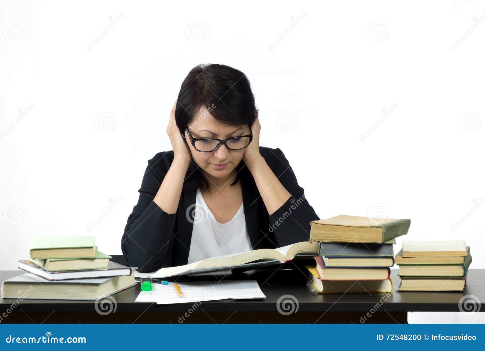 Attractive Woman Sitting at Table Studying Stock Photo - Image of ...