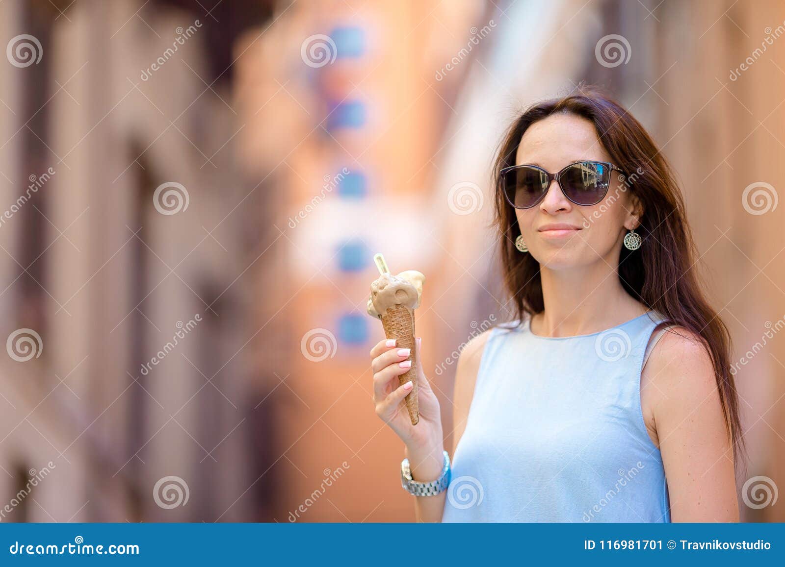 Attractive Woman On The Street Having Fun And Eating Ice Cream Y Stock