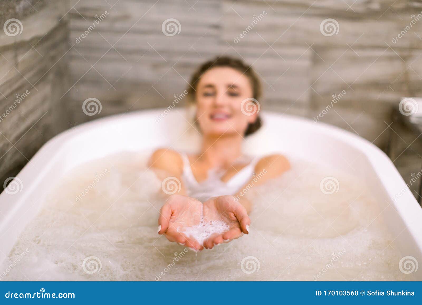 Attractive Woman Taking Hydro Massage Bath With Foam Beautiful Smiling