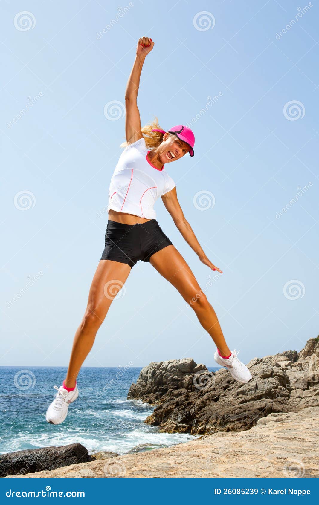 Attractive Woman with Winning Attitude Jumping. Stock Image - Image of ...
