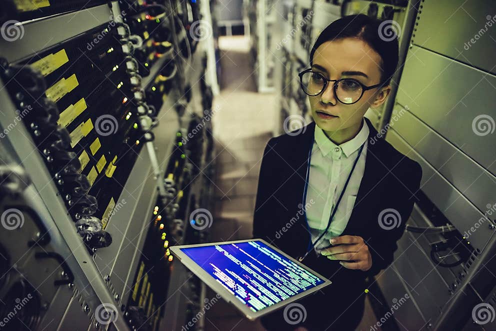 Woman in data centre stock image. Image of digital, person - 104994833
