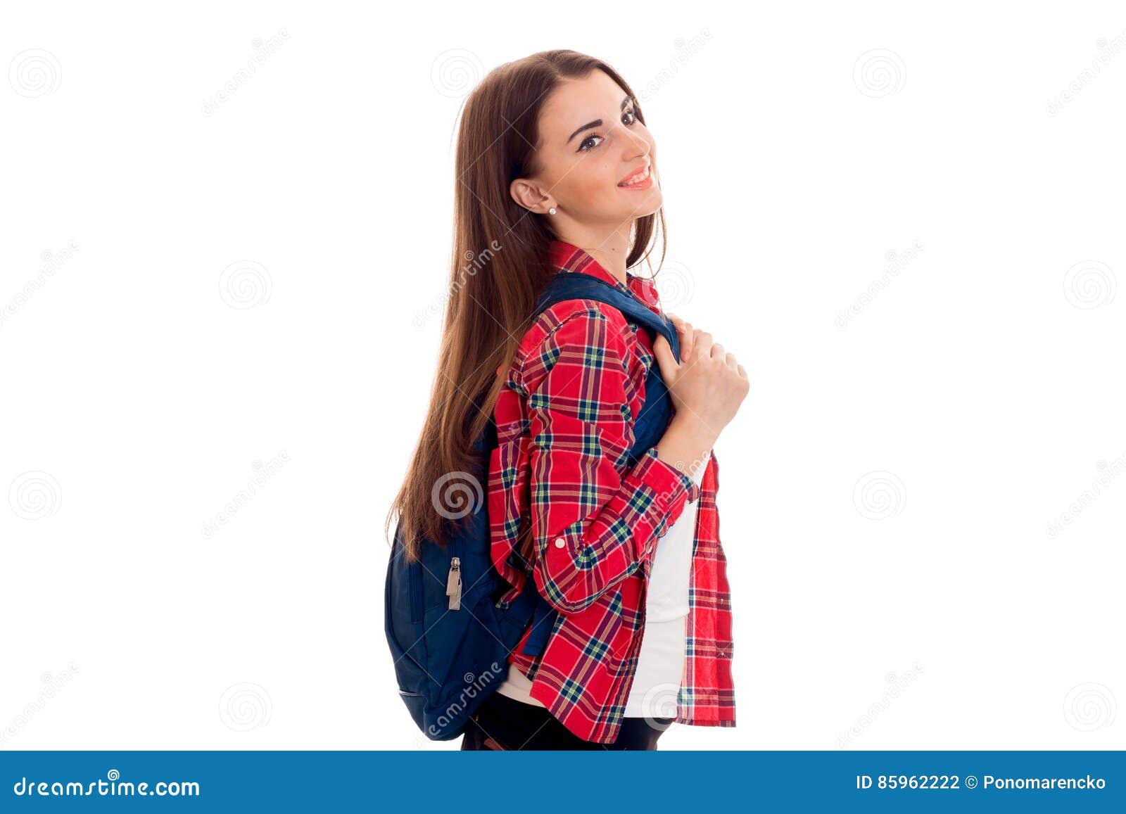 Attractive Young Brunette Student Girl with Blue Backpack Isolated on ...