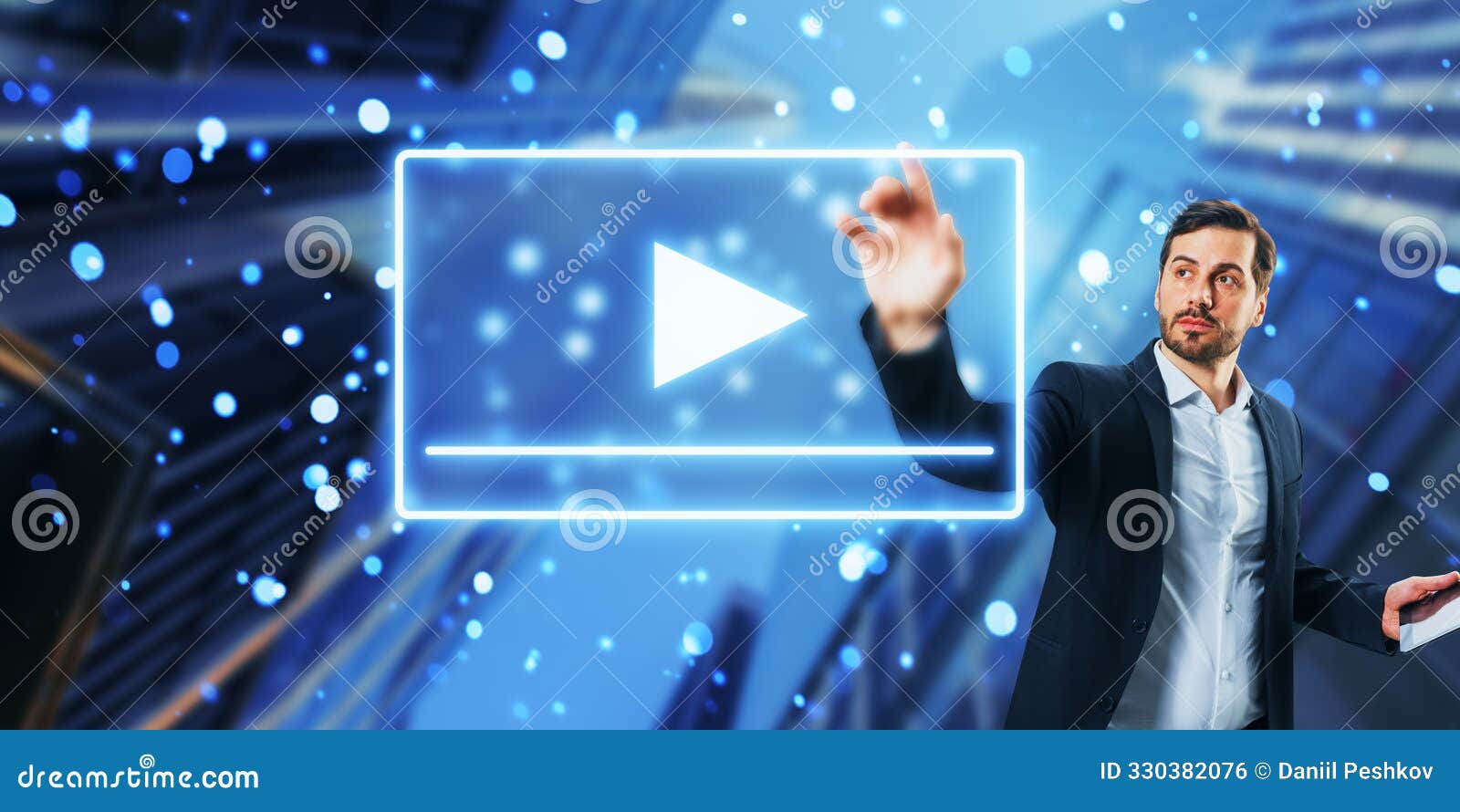 Attractive Young Businessman Using Creative Digital Play Button on ...