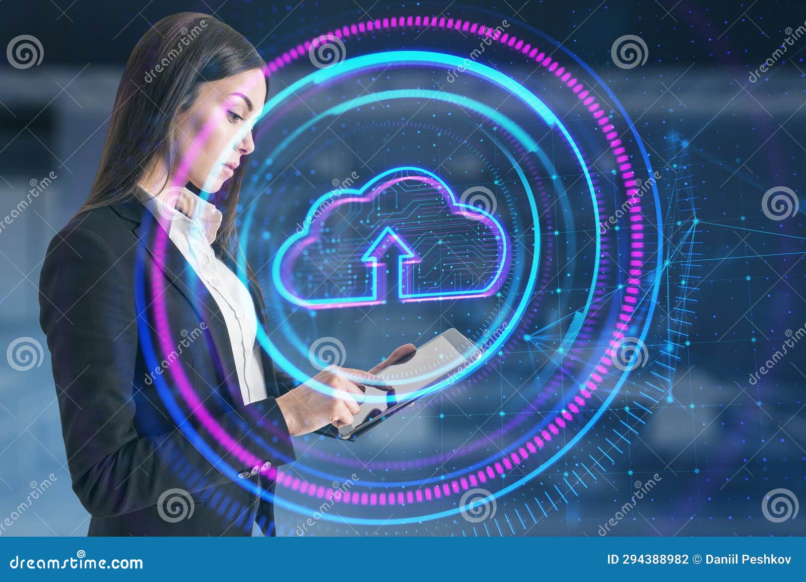 Attractive Young Businesswoman Using Tablet with Creative Round Cloud ...