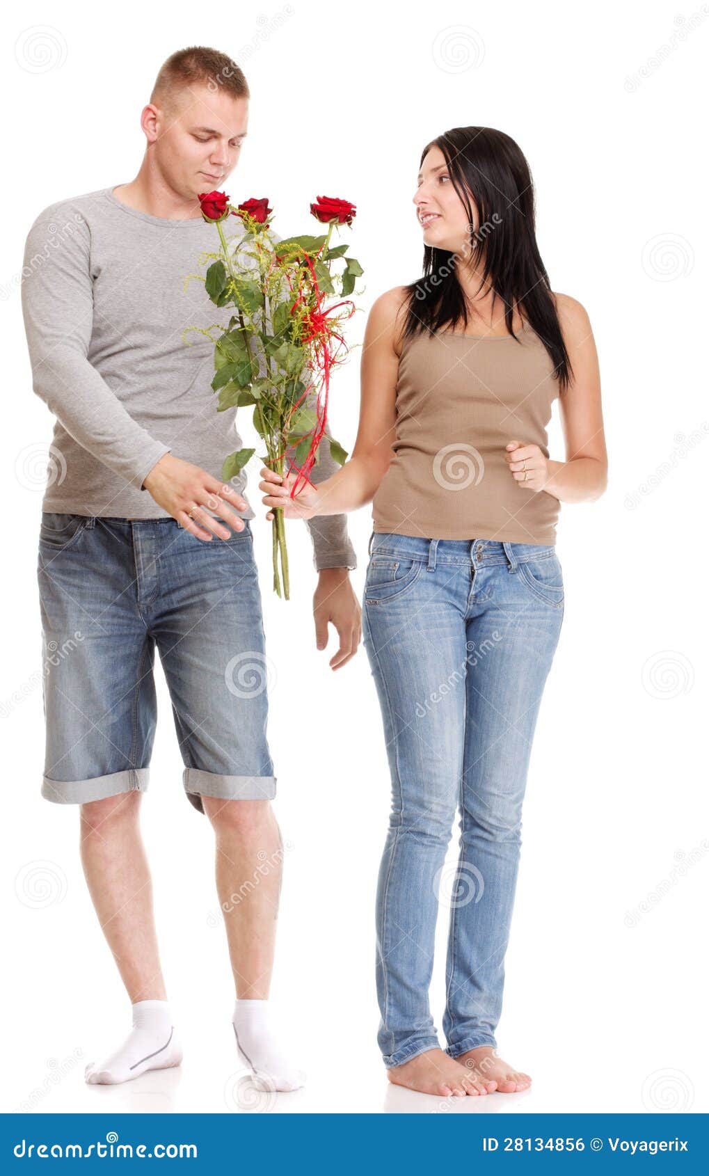 Attractive Young Couple Gift Rose in Hand Isolated Stock Photo - Image ...