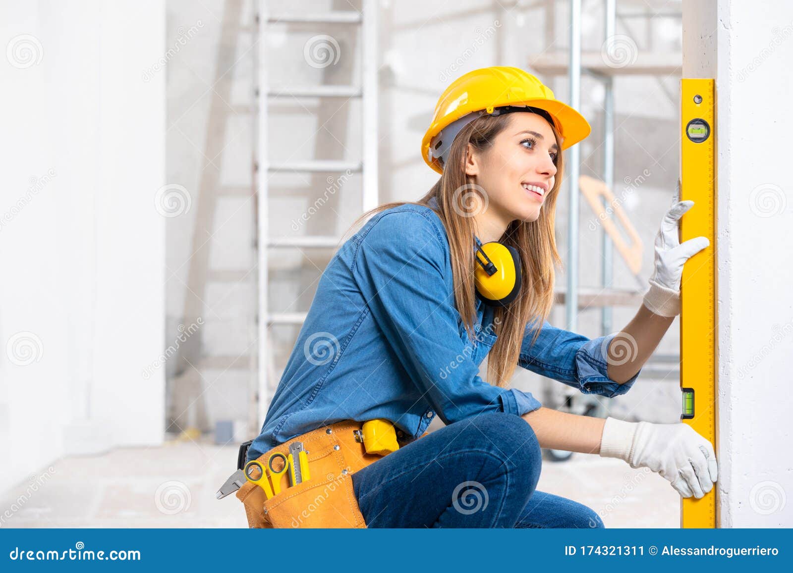 Attractive Young Female Builder Checking Level Stock Image - Image of ...