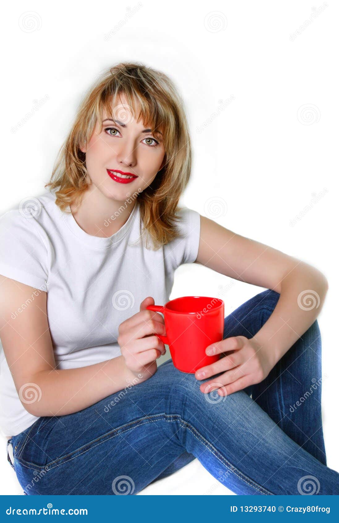 Attractive Young Girl with Red Cup Stock Photo - Image of jeans ...