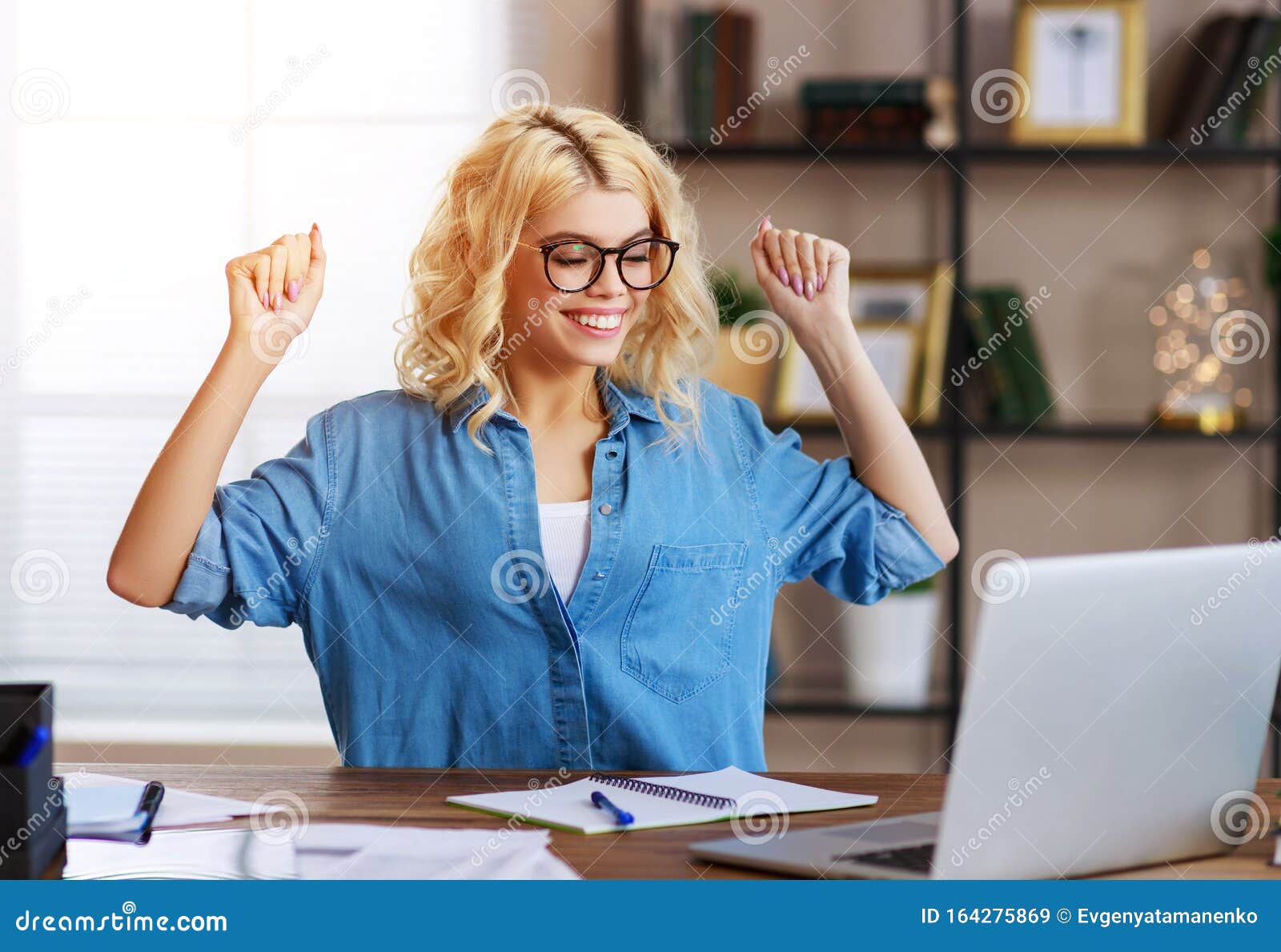 Attractive Young Girl Working at Computer, Happy To Win Stock Image ...