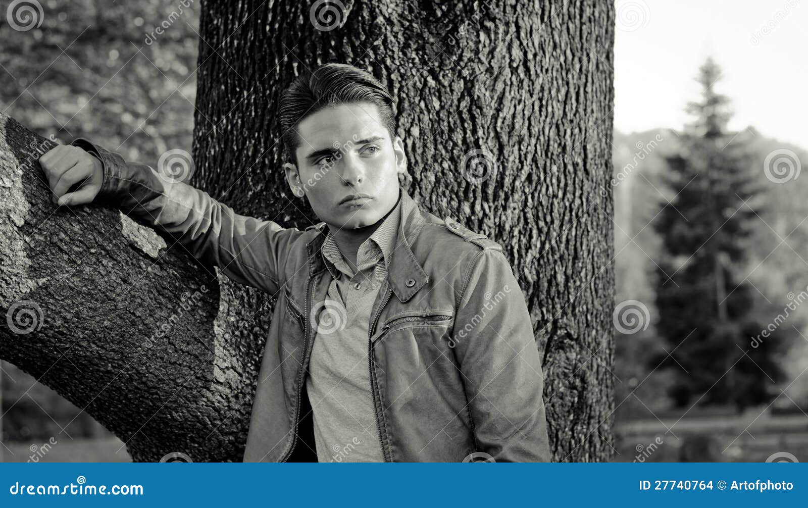 Attractive Young Male Model Leaning on Tree Stock Photo - Image of ...