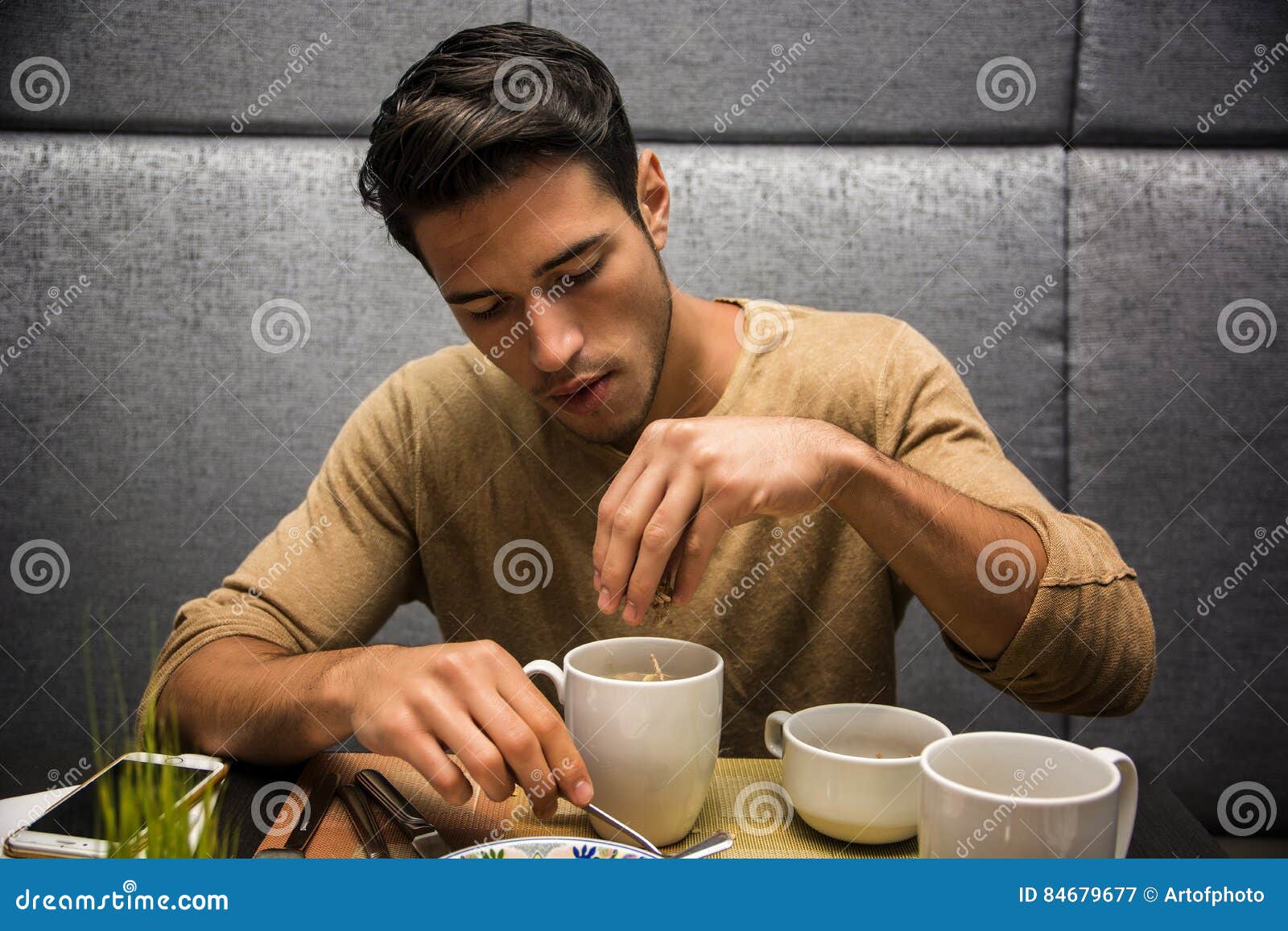 Attractive Young Man Eating Breakfast Stock Image - Image of home ...