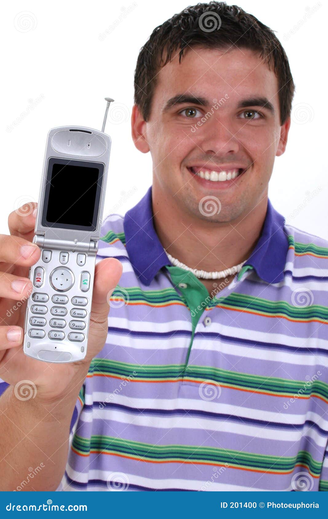 Attractive Young Man Holding Out Cellphone Stock Photo - Image of ...