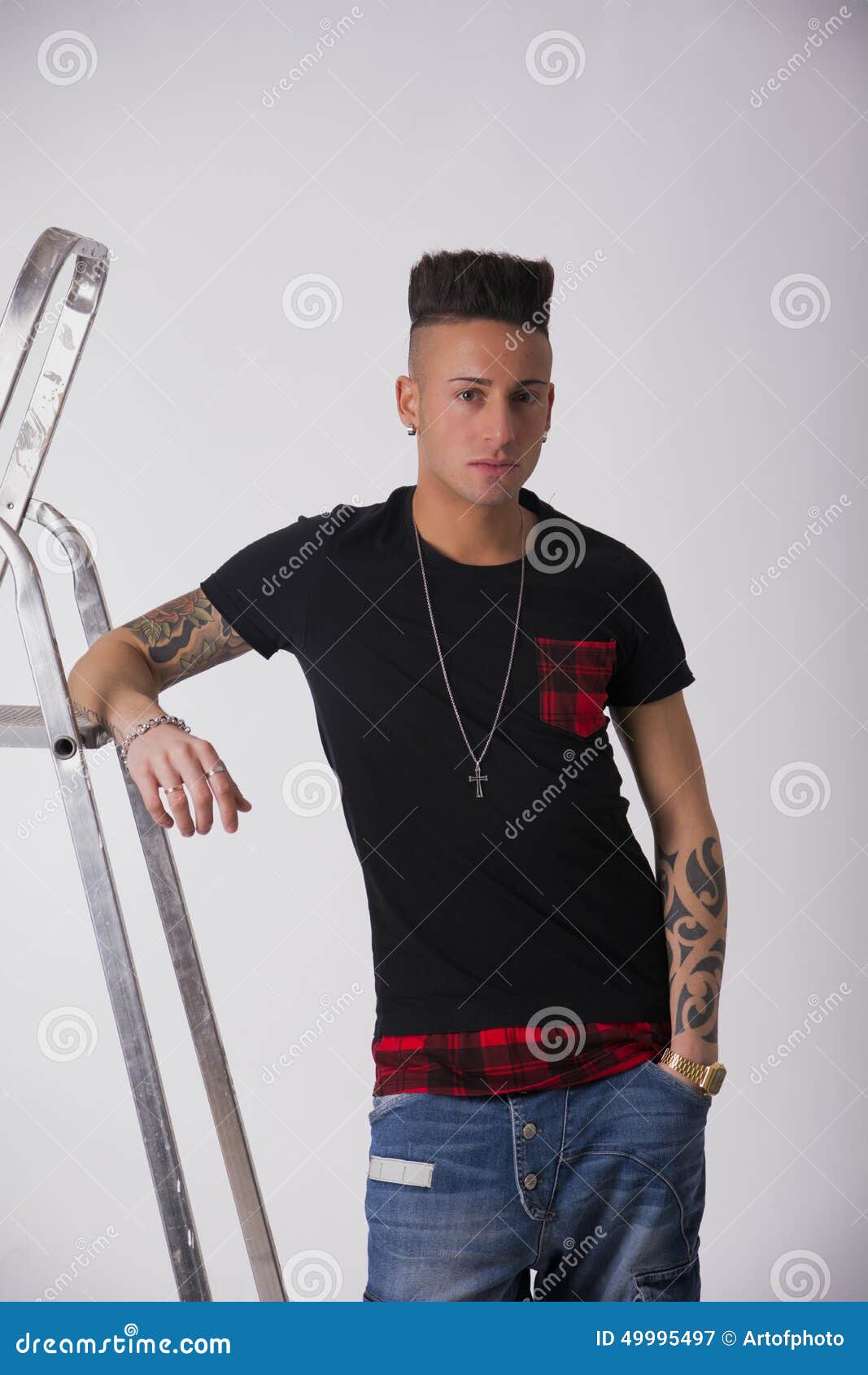 Attractive Young Man Leaning on Metal Ladder Stock Image - Image of ...