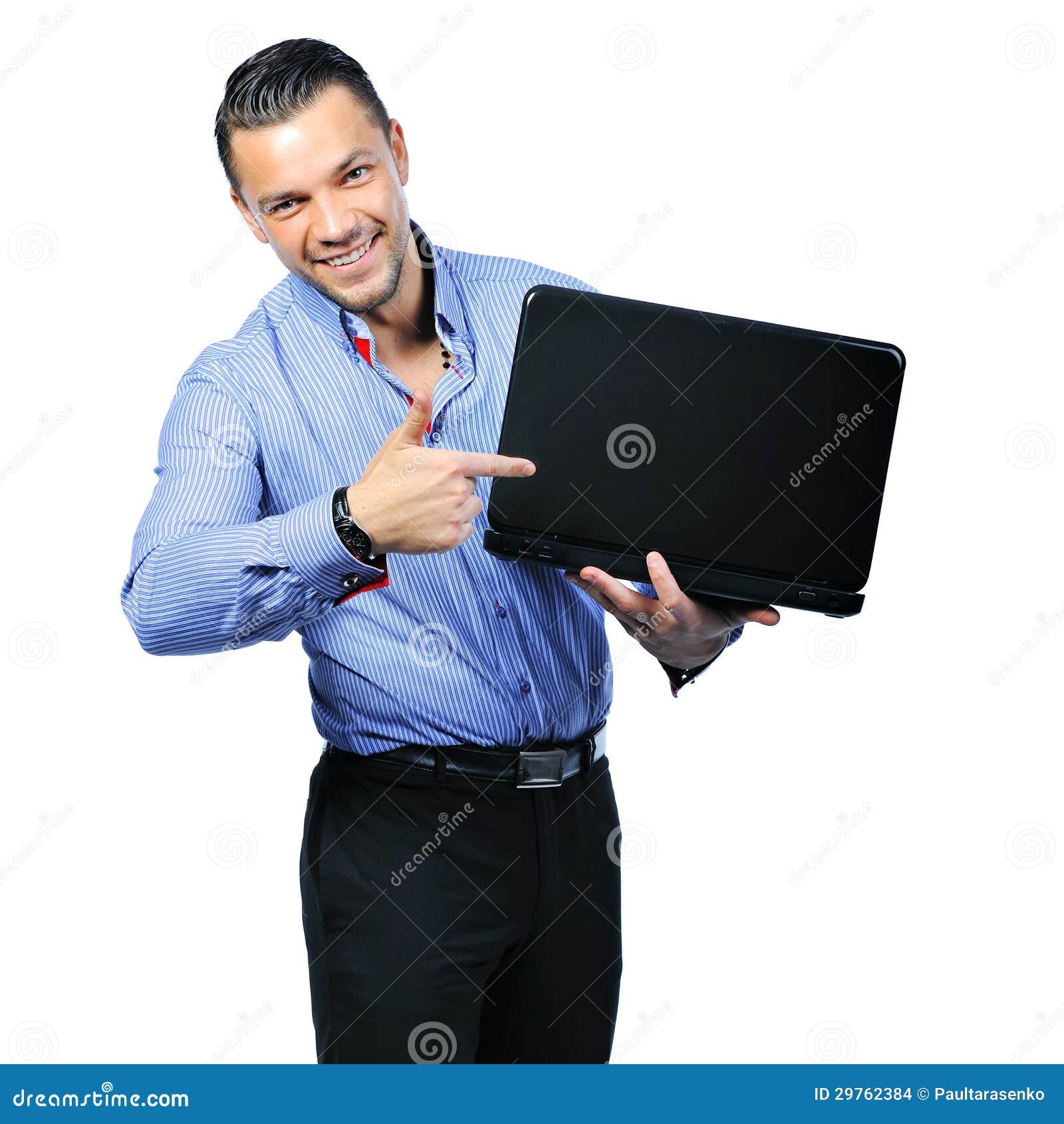 Young Man Pointing on Notebook Computer. Isolated on Stock Photo ...