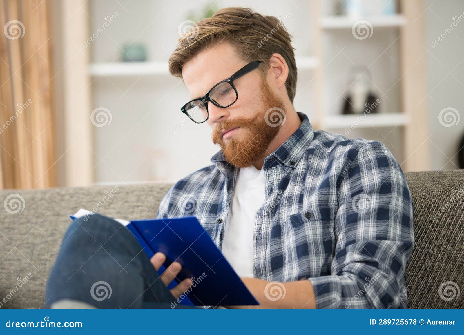 Attractive Young Man Relaxed Reading Book on Sofa Stock Photo - Image ...