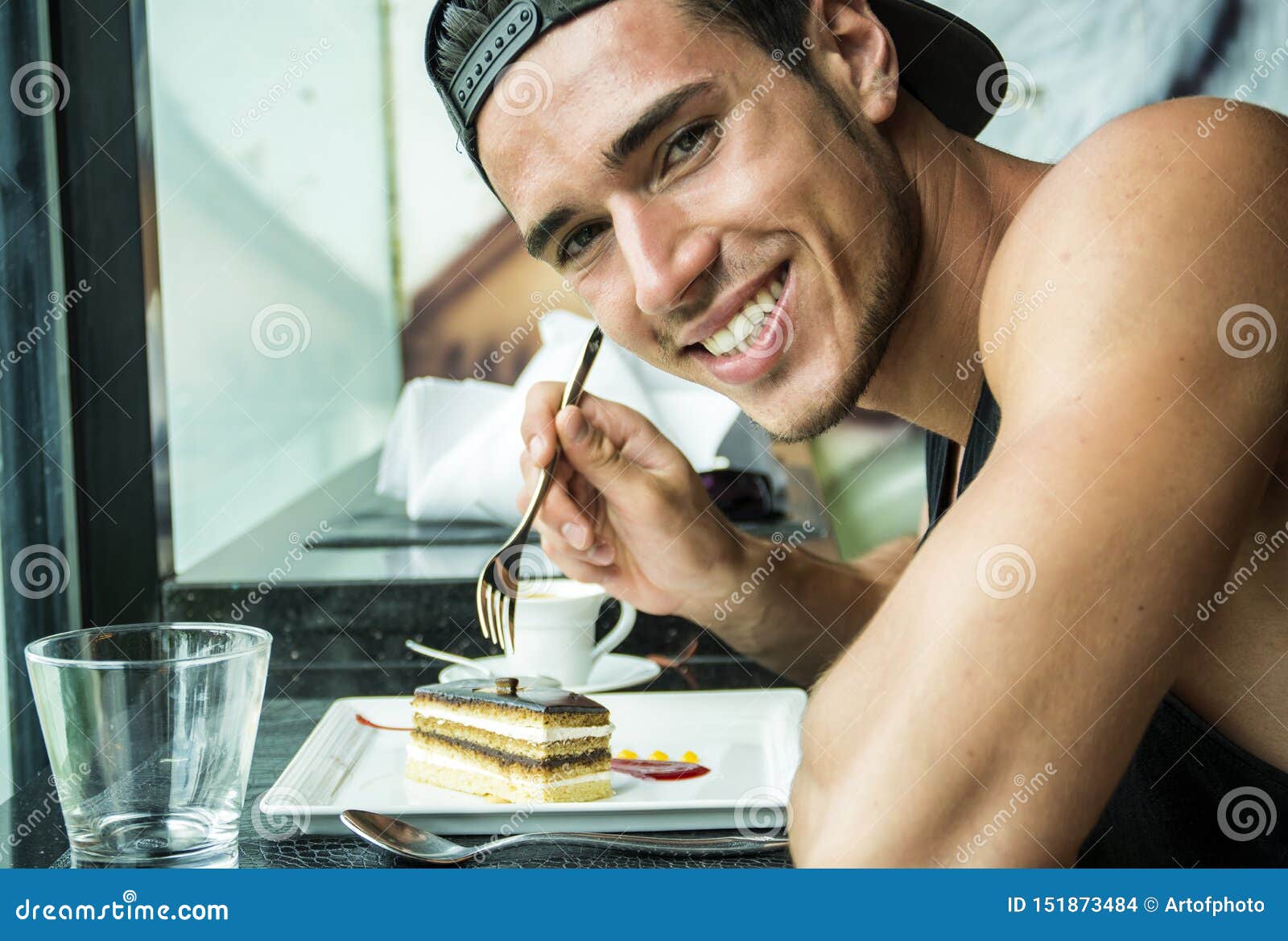 Attractive Young Man`s Breakfast, Eating Cake at Diner Stock Photo ...