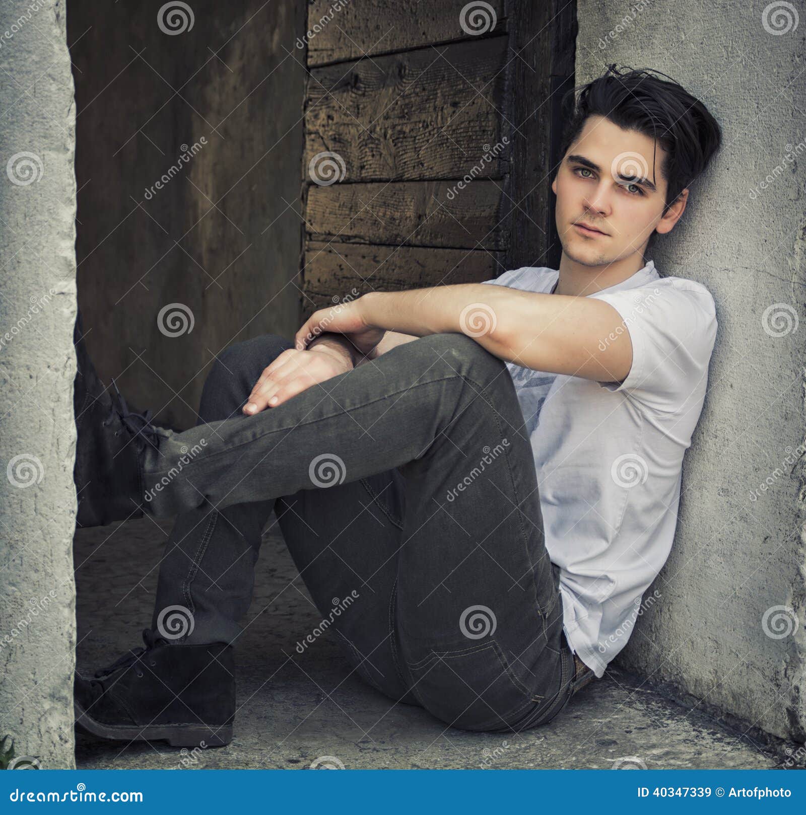 Attractive Young Man Sitting on Old Door S Threshold Stock Image ...