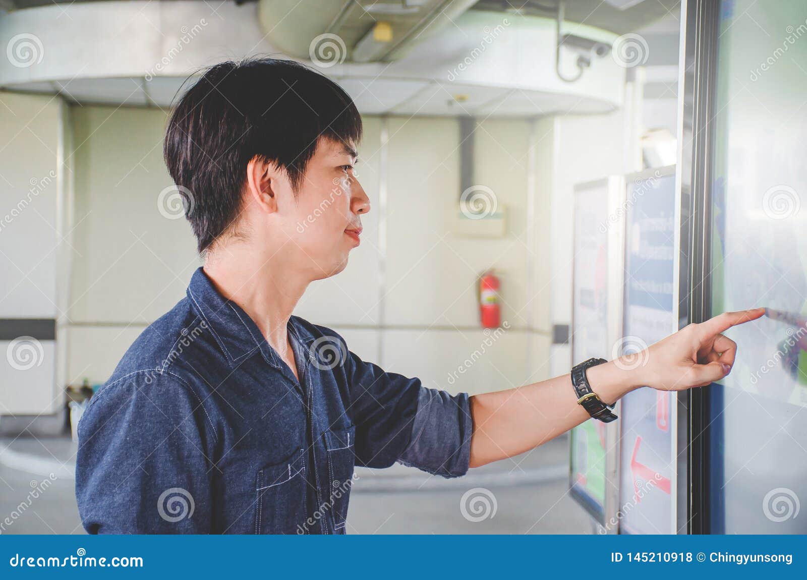 Attractive Young Man Standing Front Big Digital Screen with Basic Map ...