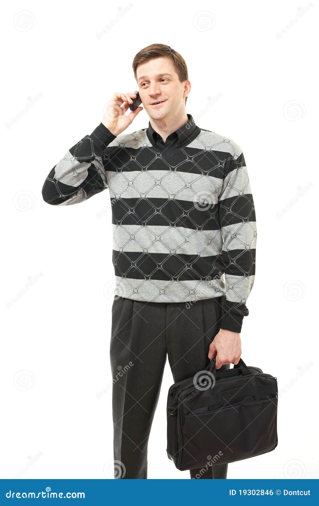 Attractive Young Man in Sweater with Phone Stock Photo - Image of case ...
