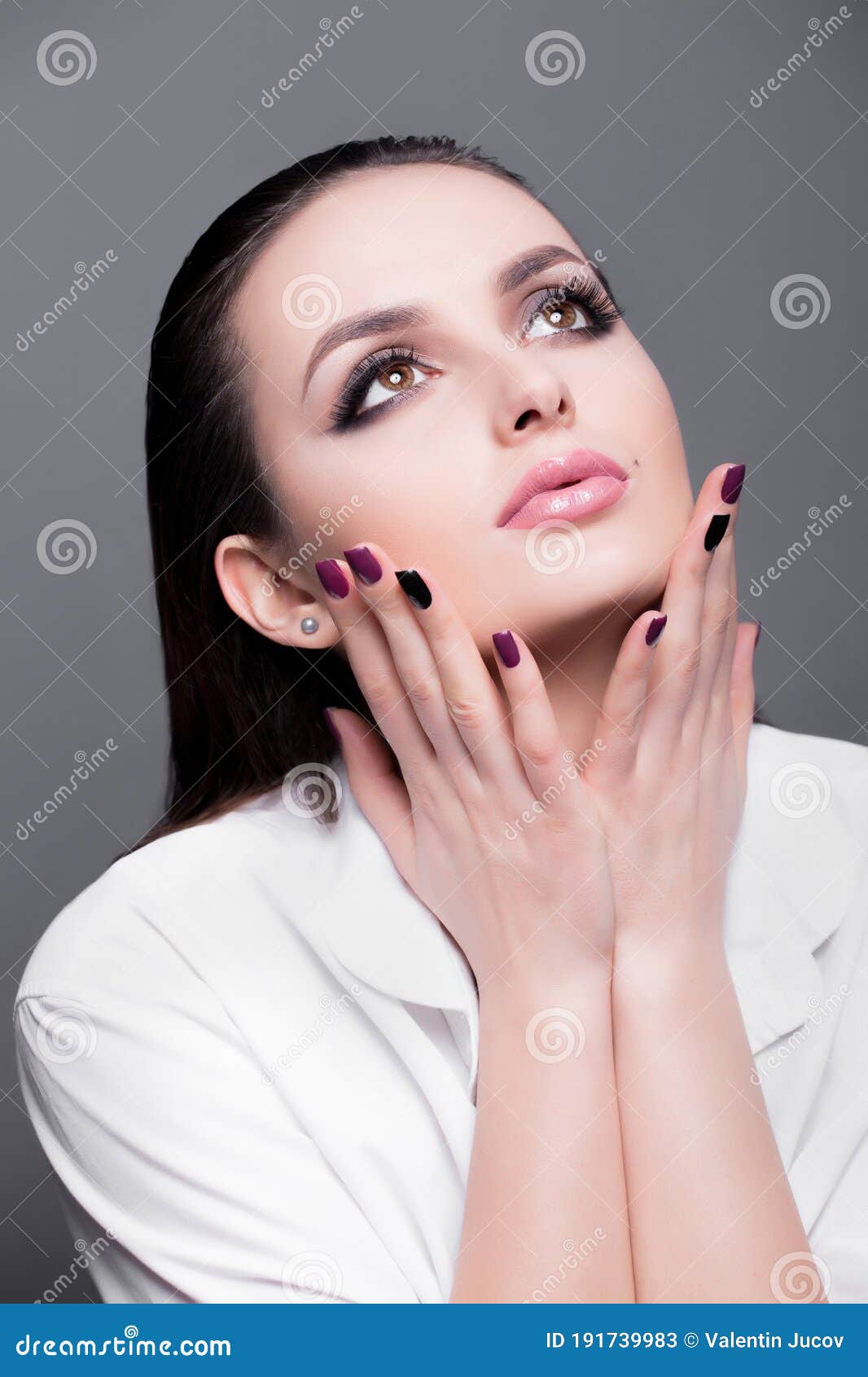 Attractive Young Model With Bright Make Up And Manicure Woman Close Up