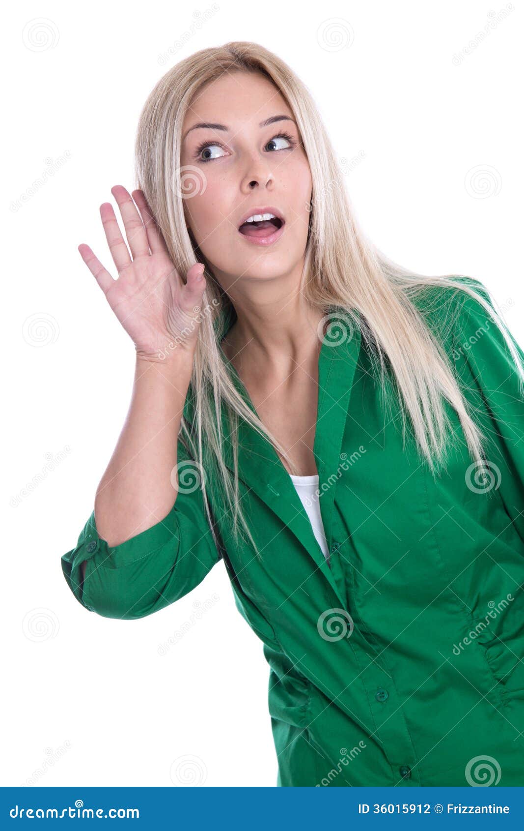 Attractive Young Woman Eavesdropping - Isolated on White. Stock Photo ...