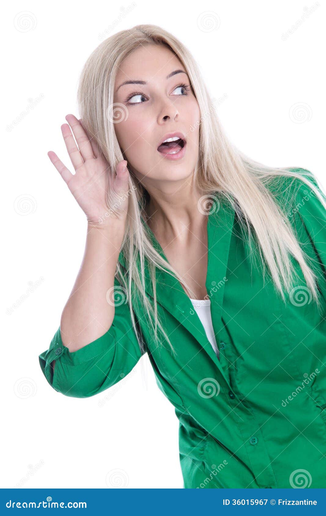 Attractive Young Woman Eavesdropping - Isolated on White. Stock Image ...