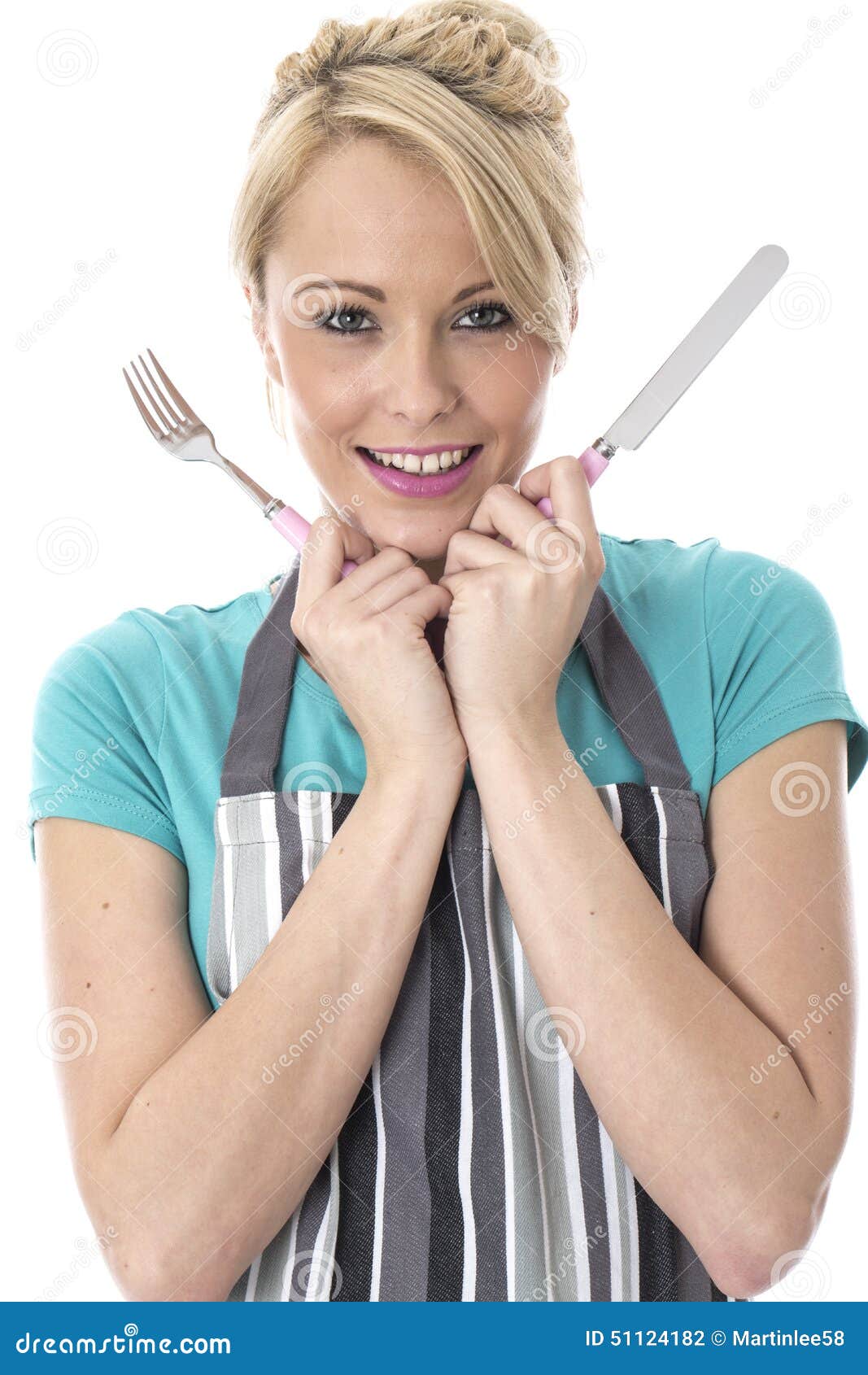 Attractive Young Woman Holding Knife and Fork Stock Photo - Image of ...