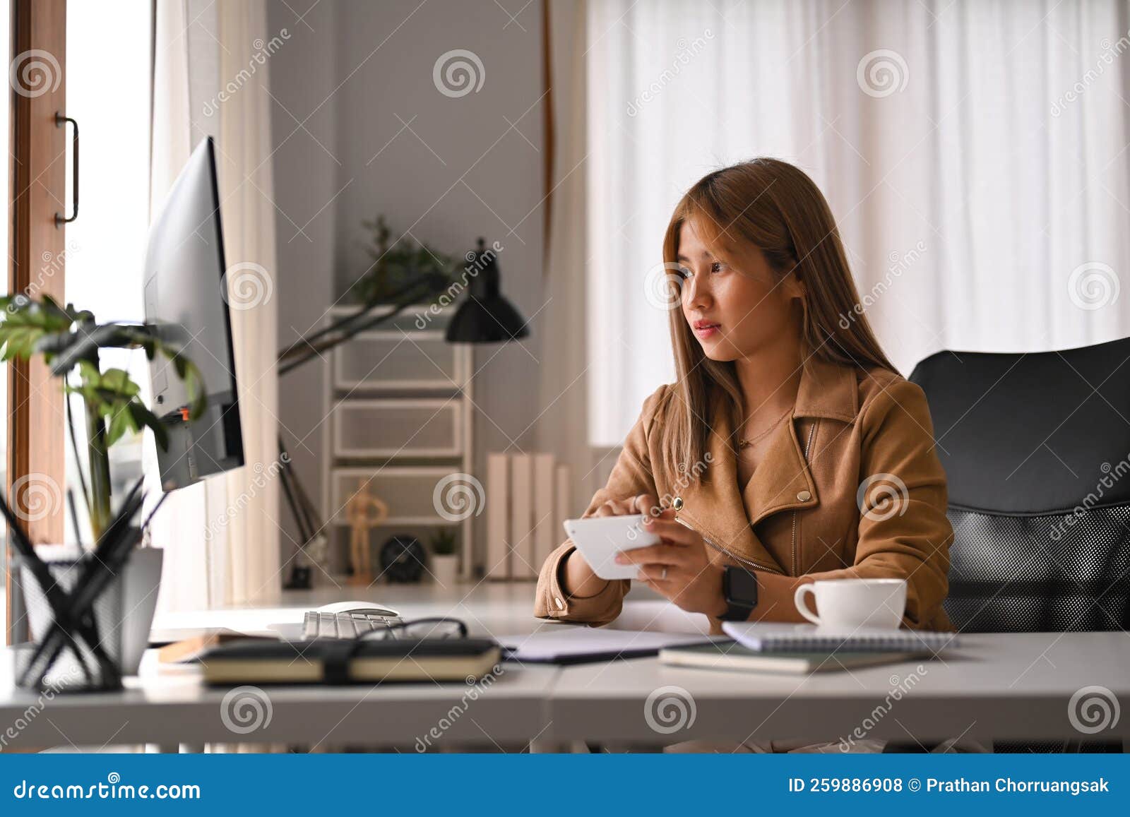 Attractive Young Woman Looking at Computer Screen, Analyzing Financial ...