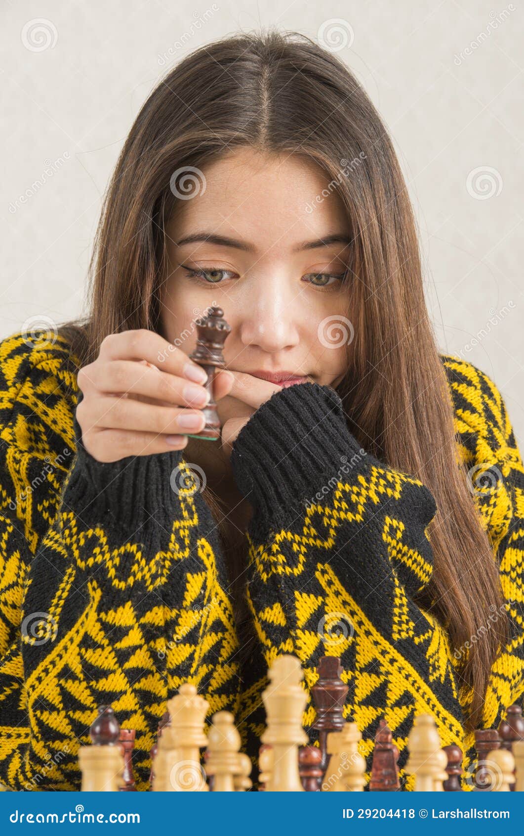 Attractive Young Woman Playing Chess Stock Photo - Image of player ...