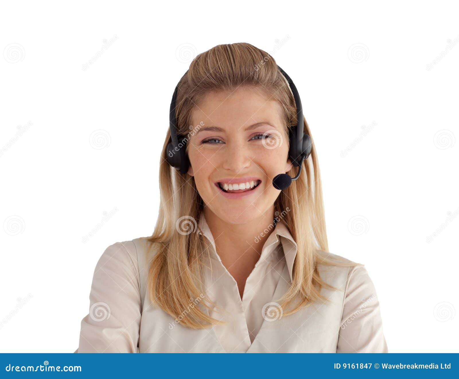 Attractive Young Woman Smiling with Headset on Stock Image - Image of ...