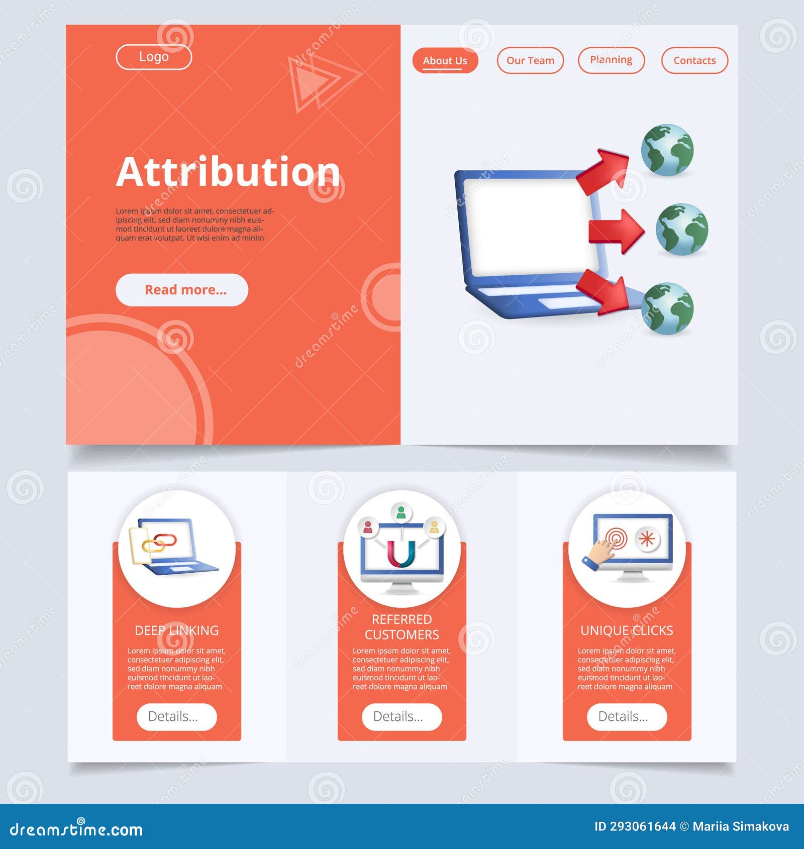 Attribution Flat Landing Page Website Template. Deep Linking, Reffered ...