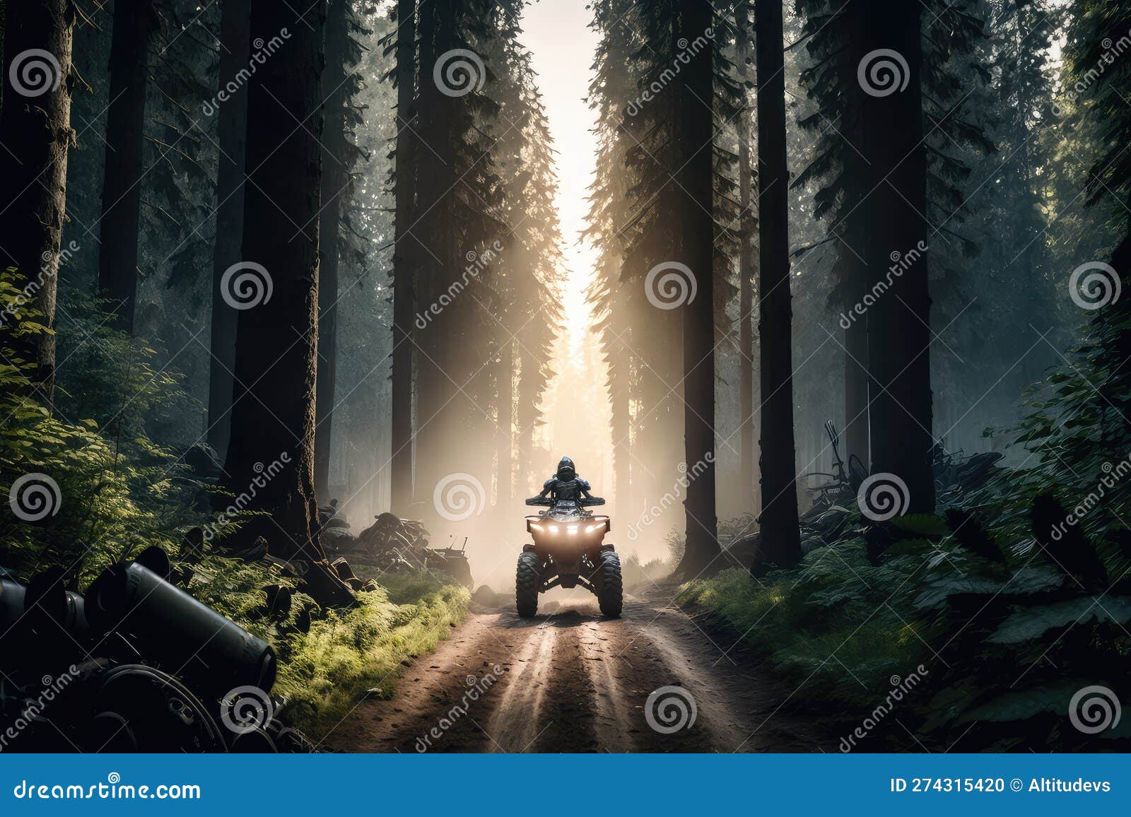 Atv Riding through Dense Forest, with Trees Towering Overhead Stock ...