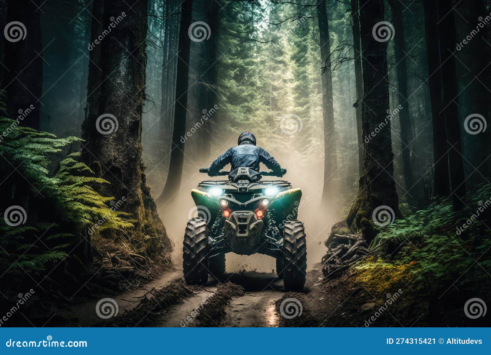 Atv Riding through Dense Forest, with Trees Towering Overhead Stock ...