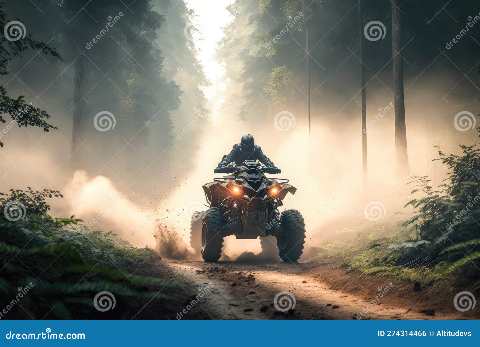 Atv Speeding through the Forest, Leaving a Cloud of Dust Behind Stock ...