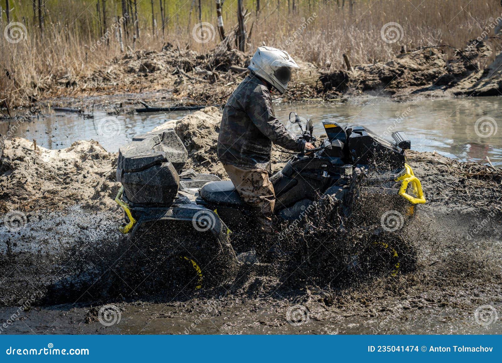 ATV and UTV in Action in Water Track with Water Mud Splash. Extreme ...