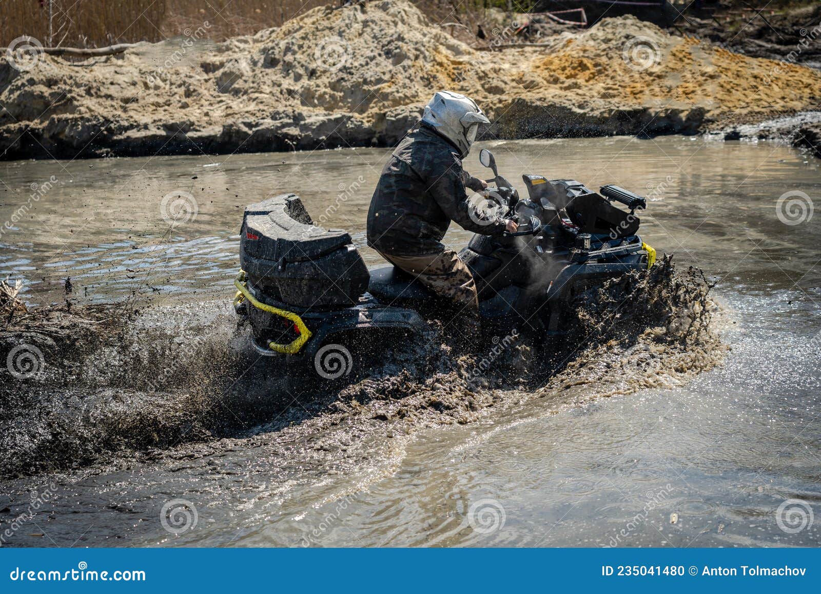 ATV and UTV in Action in Water Track with Water Mud Splash. Extreme ...