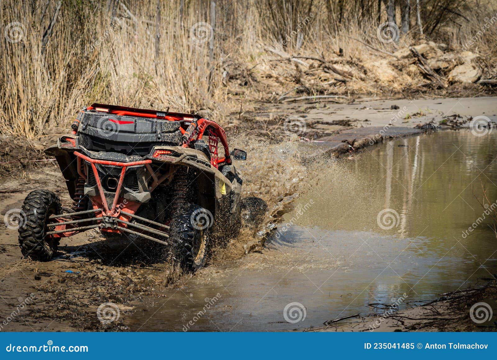 ATV and UTV in Action in Water Track with Water Mud Splash. Extreme ...