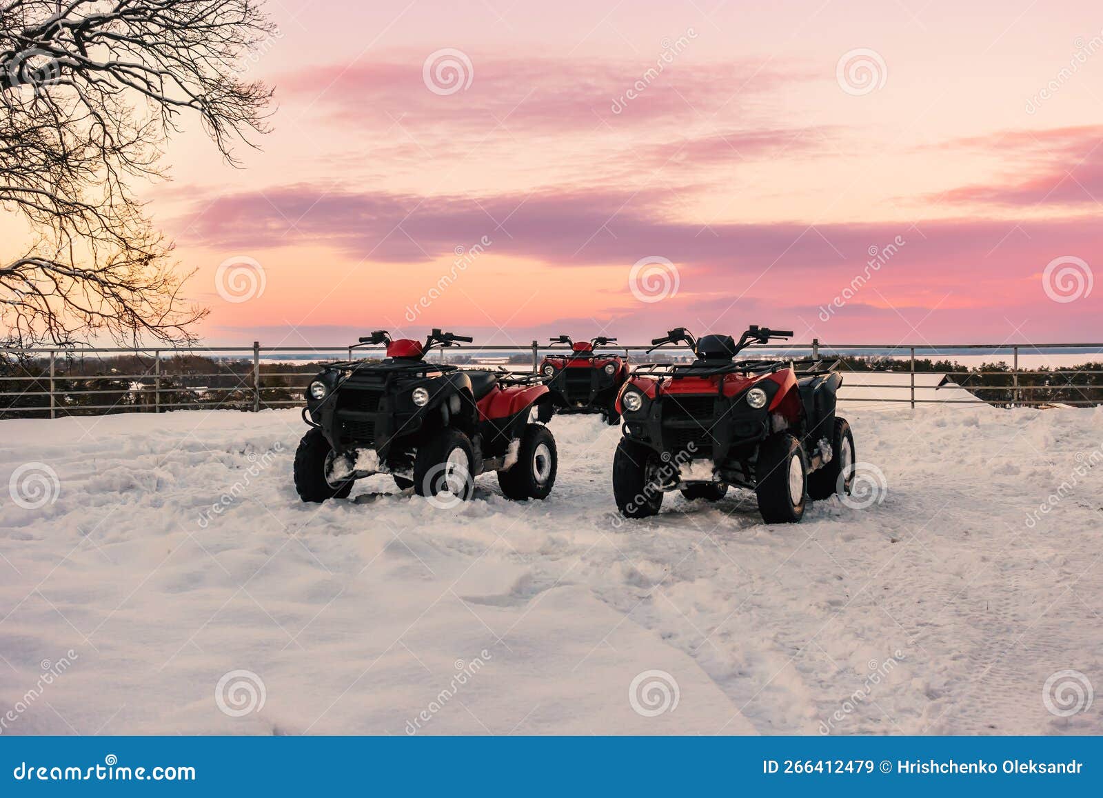 ATVs Stand in the Snow Against a Beautiful Sunset Stock Image - Image ...