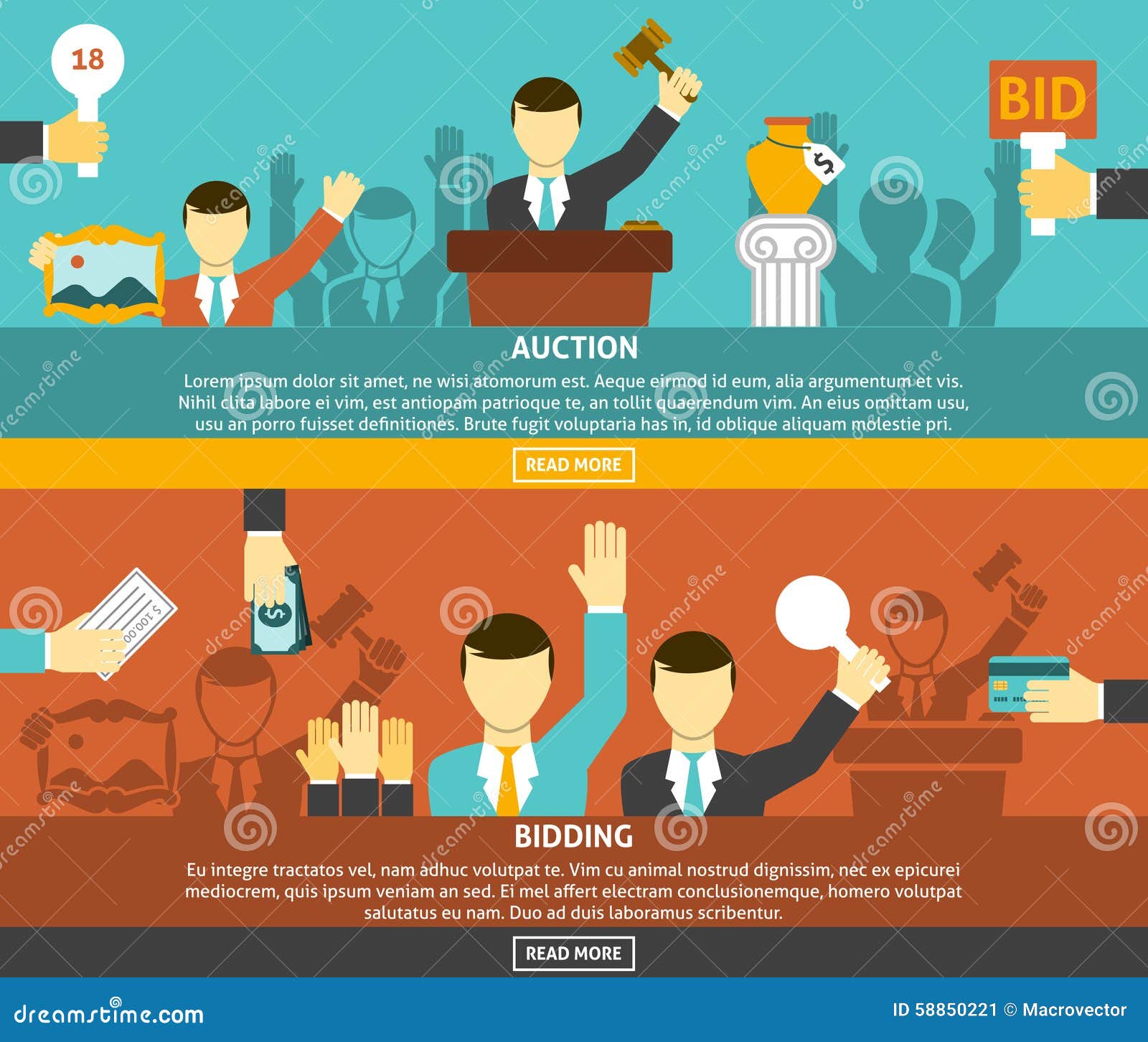 Auction and Bidding Banners Set Stock Vector - Illustration of hands ...