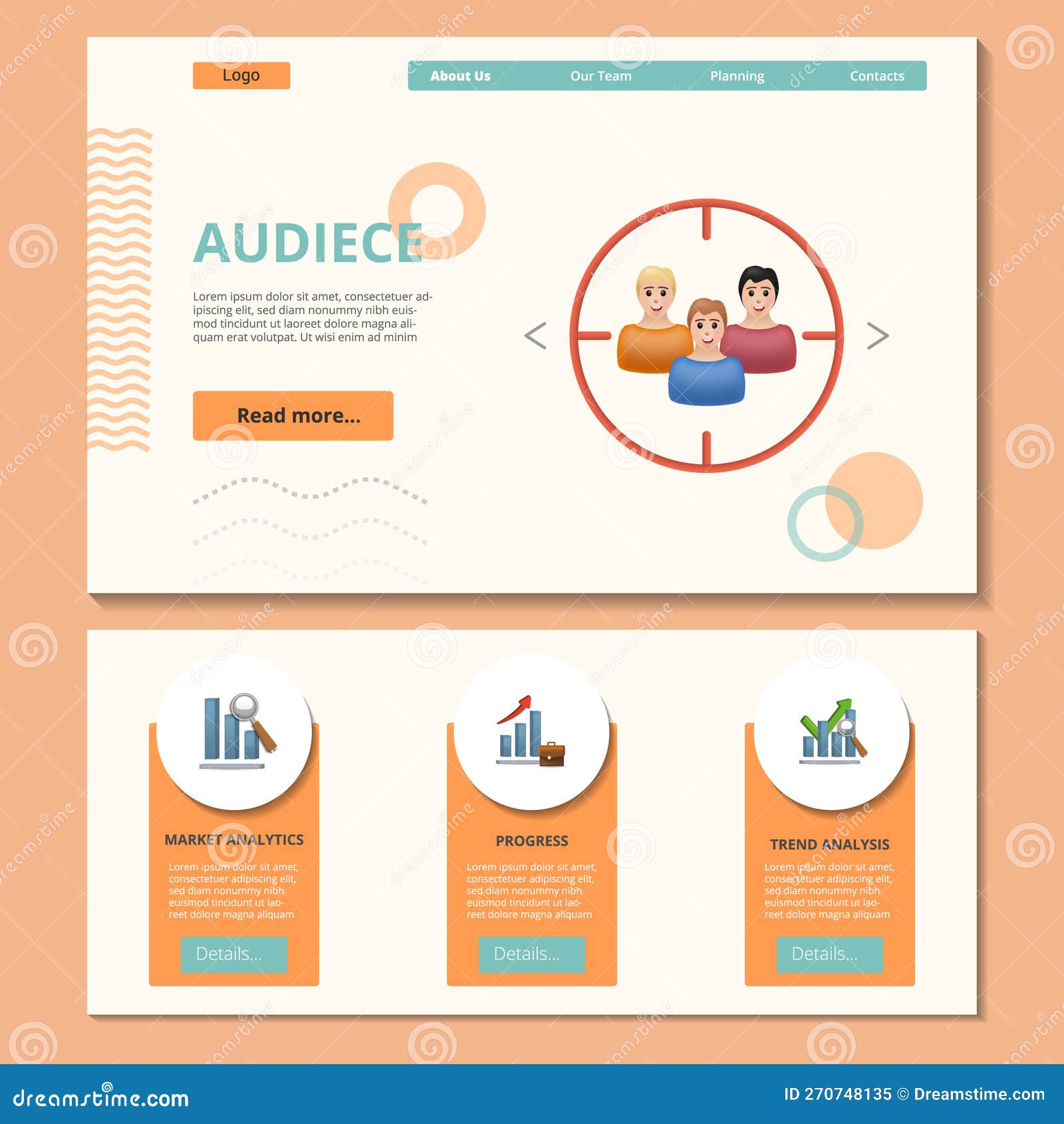 Audiece Flat Landing Page Website Template. Market Analytics, Progress ...