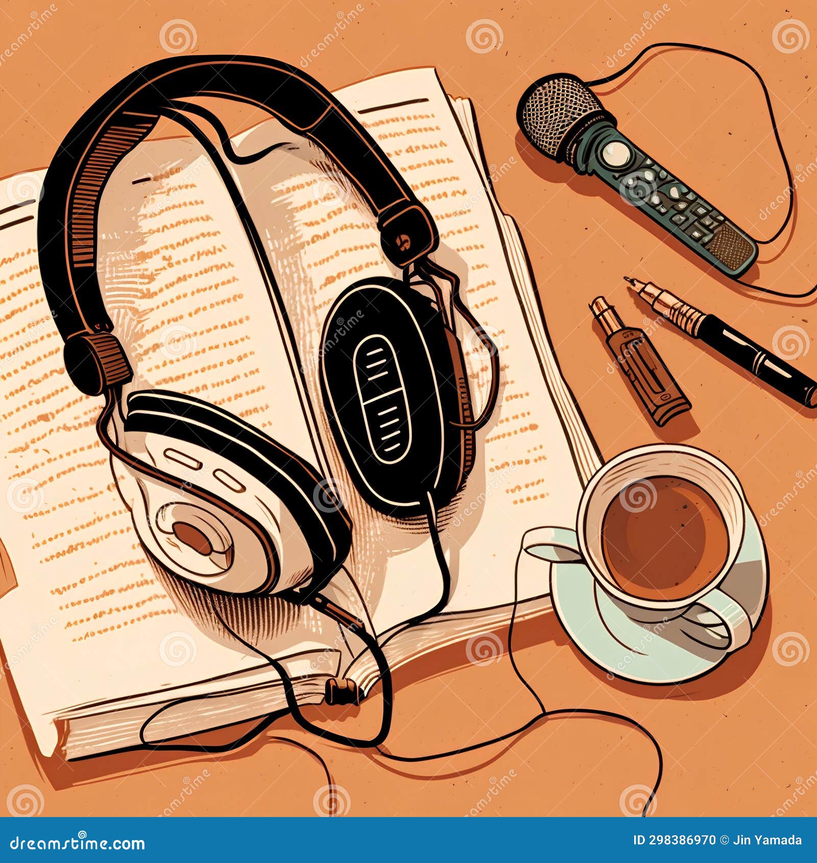 Audio Book with Headphones and a Cup of Coffee. Vector Illustration ...