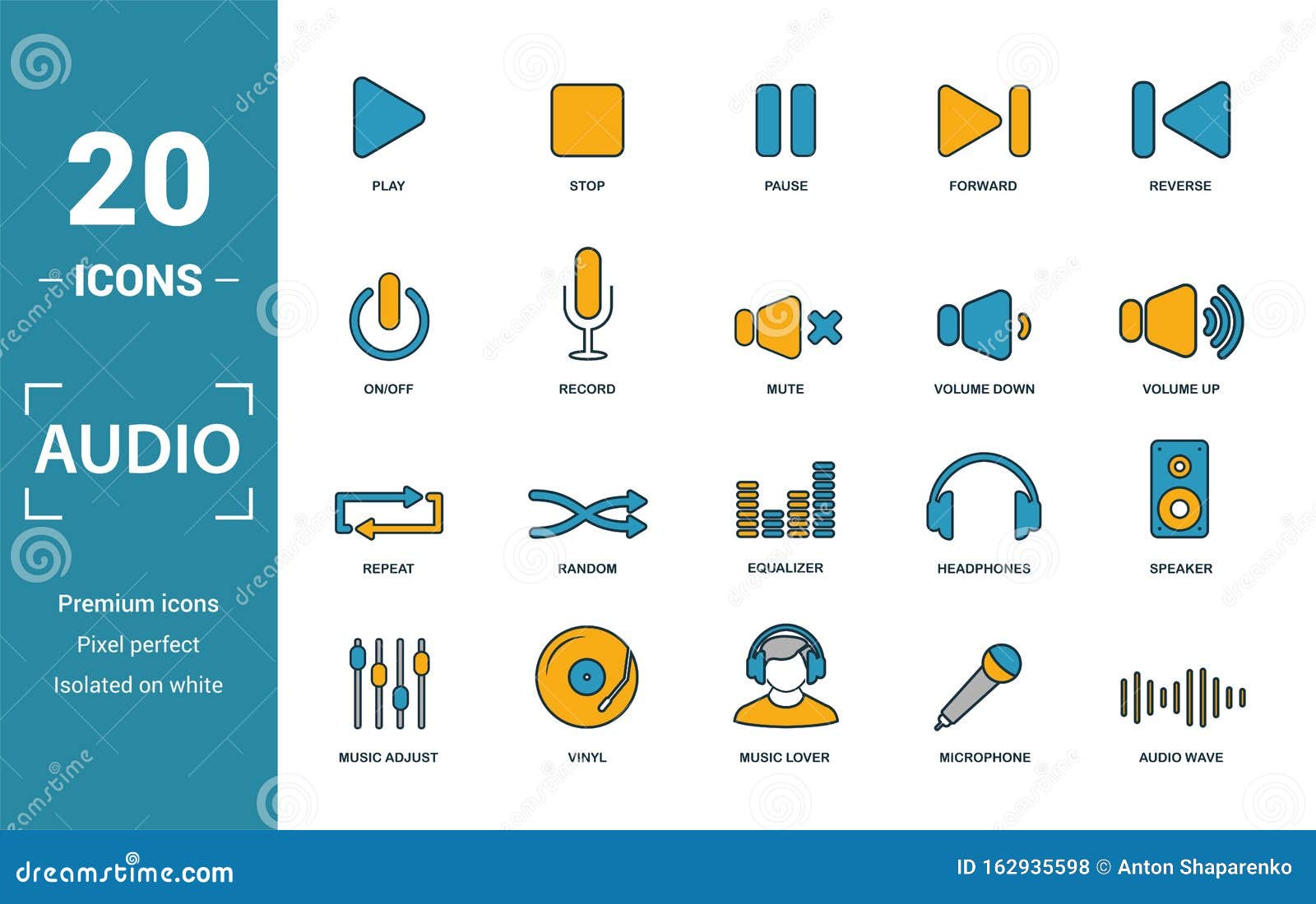 Audio Buttons Icon Set. Include Creative Elements Play, Pause, on Off ...