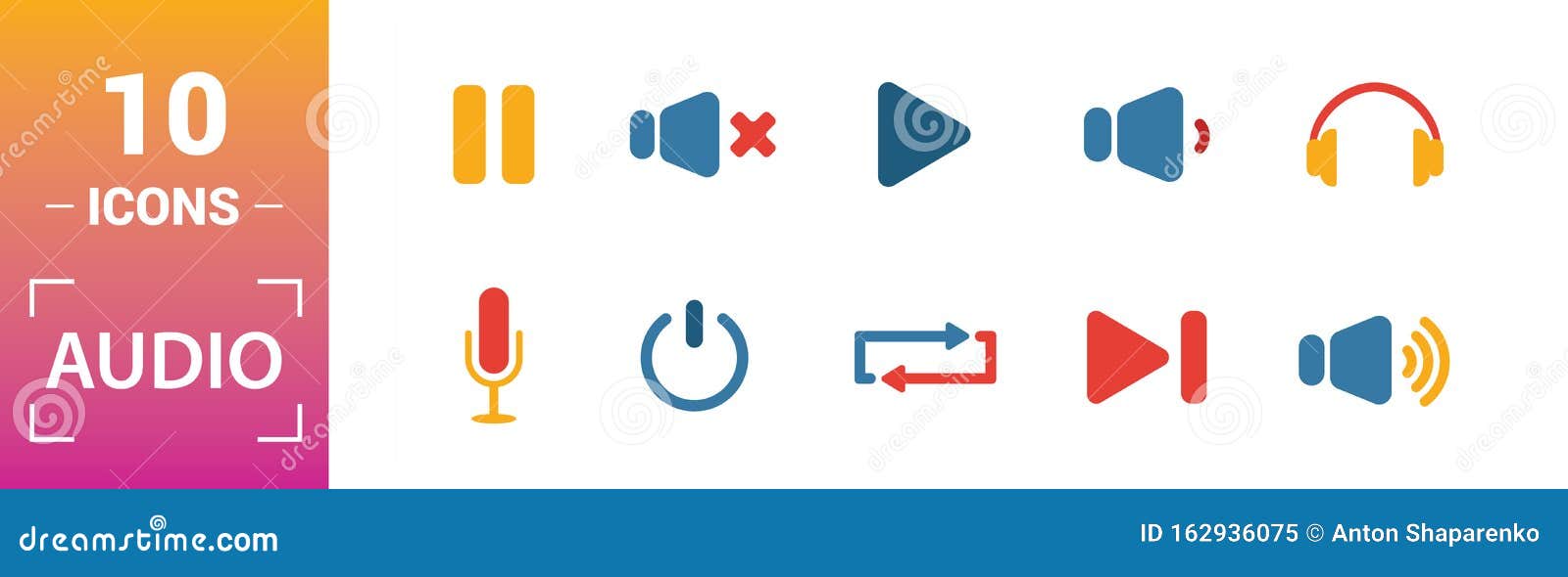 Audio Buttons Icon Set. Include Creative Elements Play, Pause, on Off ...