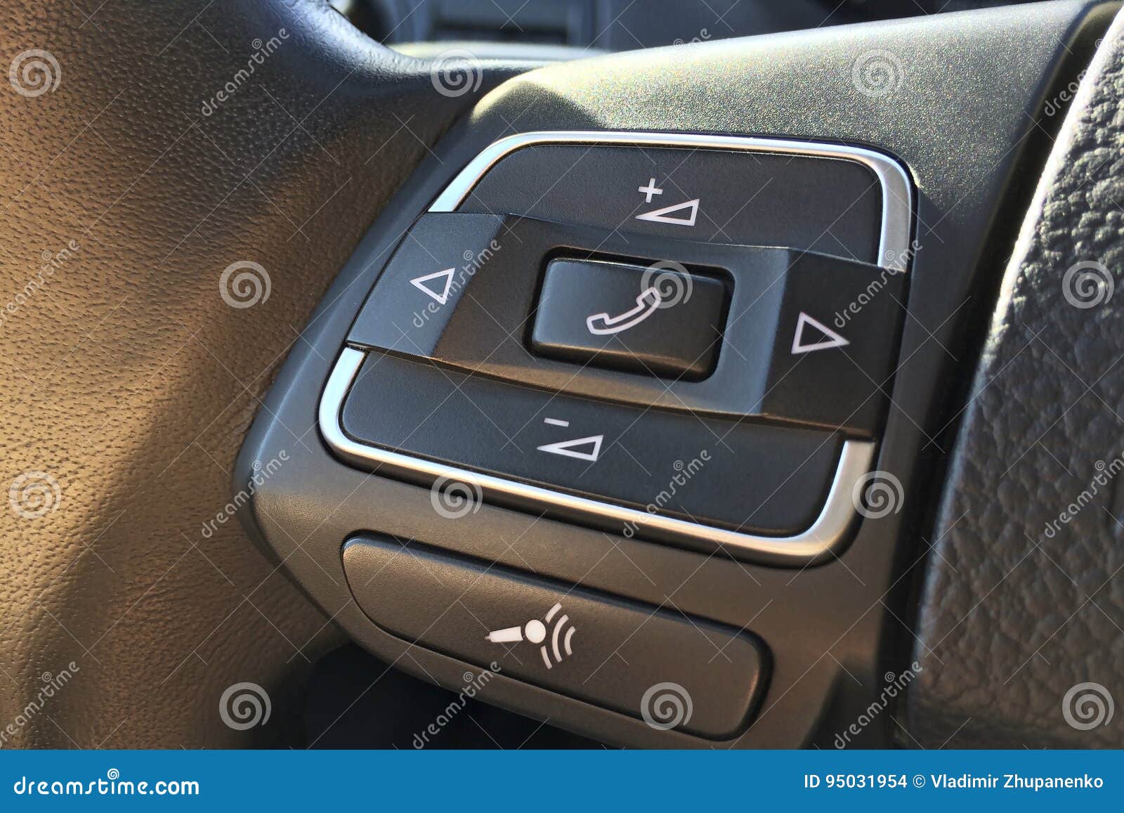 Audio Control Buttons on the Steering Wheel in a Modern Car Closeup ...