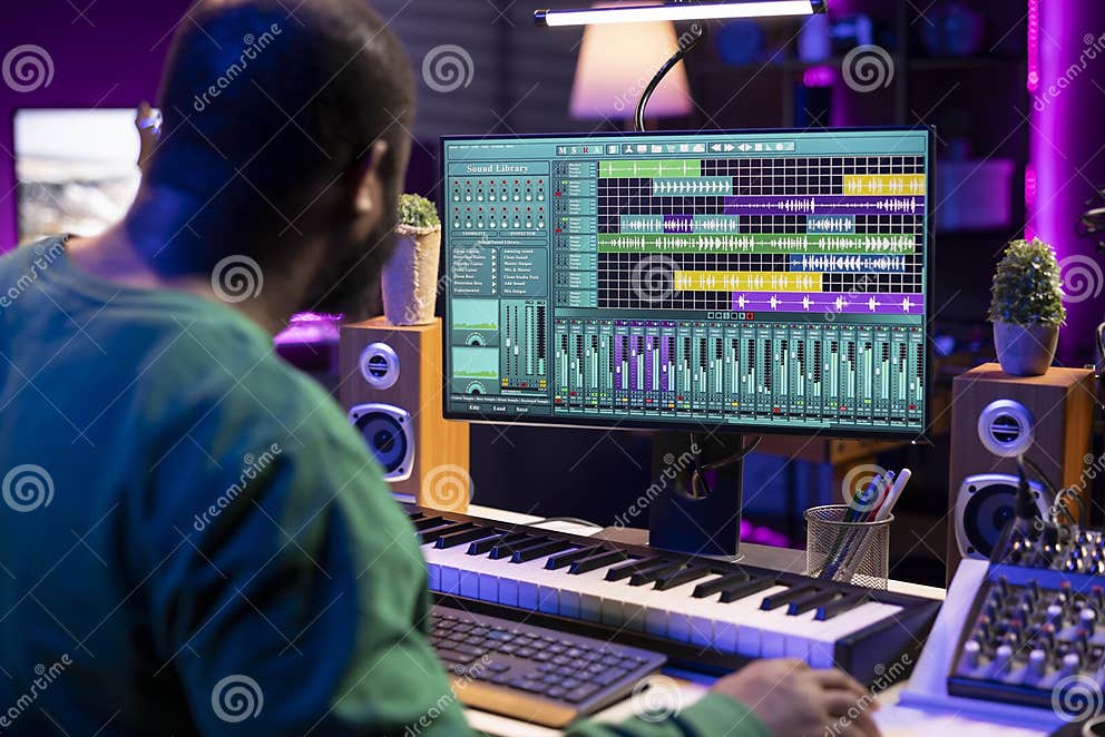 Audio Engineer Recording and Producing New Tunes on Professional Pc ...