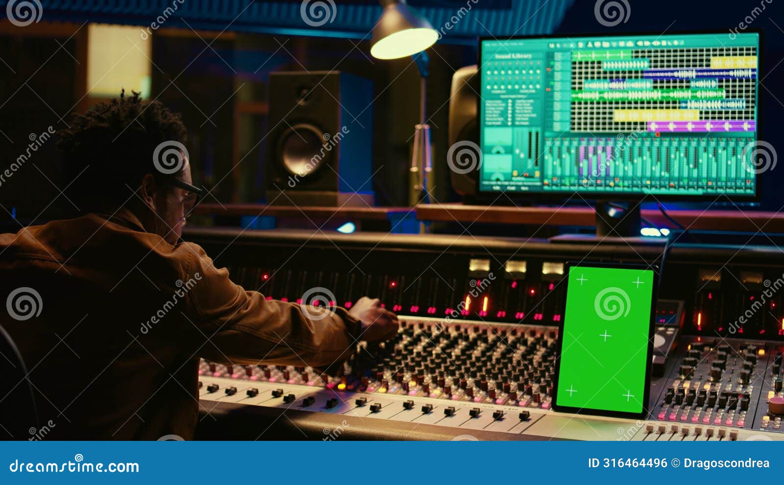 Audio Expert Processing Sounds Next To Tablet with Isolated Mockup ...