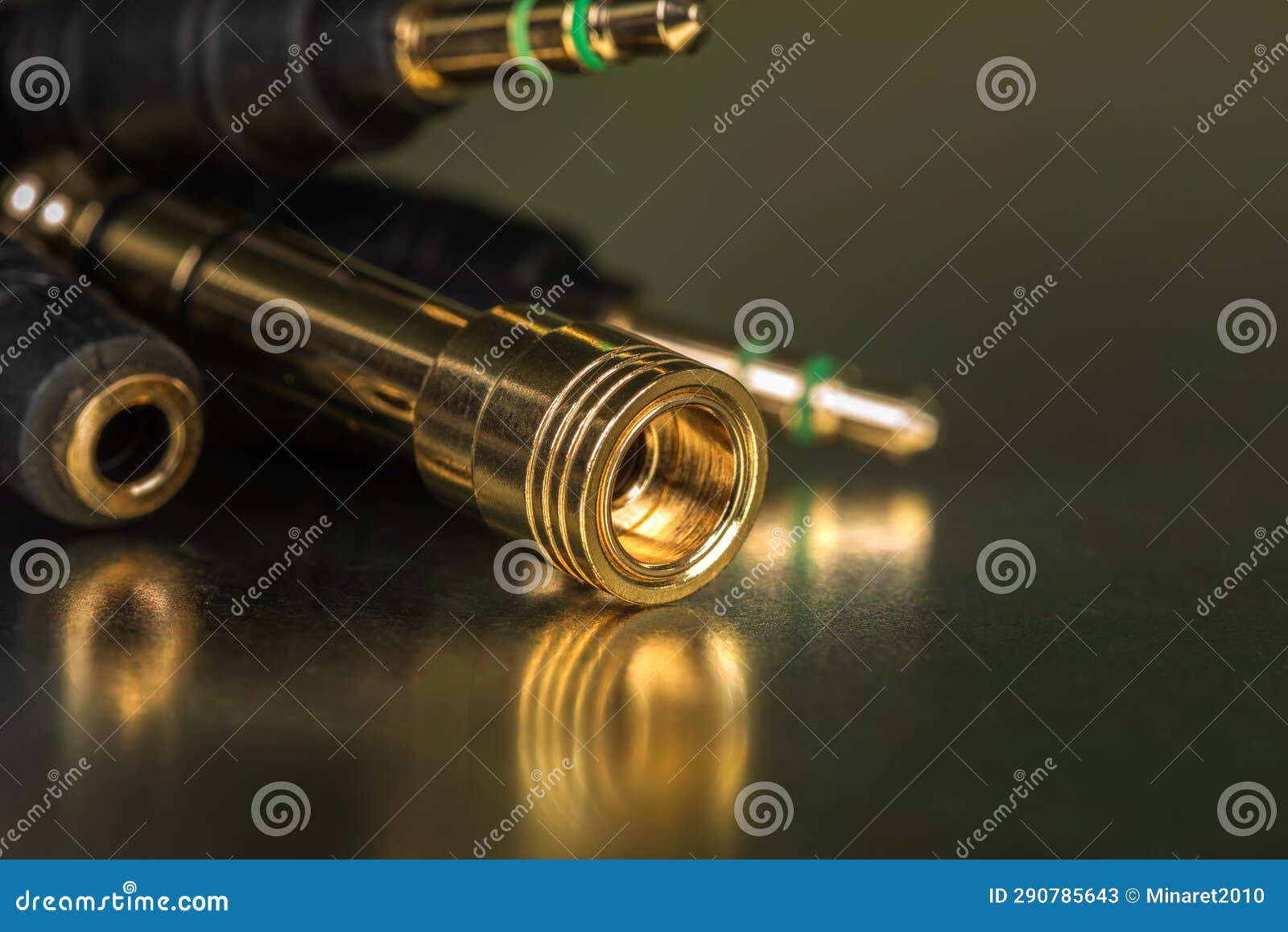Audio Jack Connectors on a Dark Metalic Surface Stock Image - Image of ...