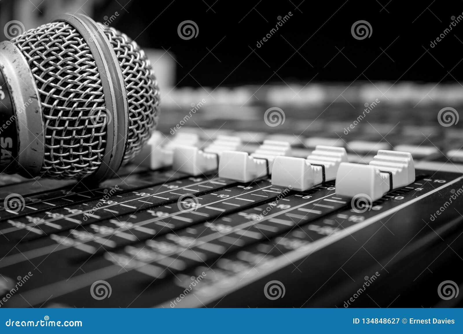 Audio Mixing Console Faders and Microphone Stock Image - Image of ...